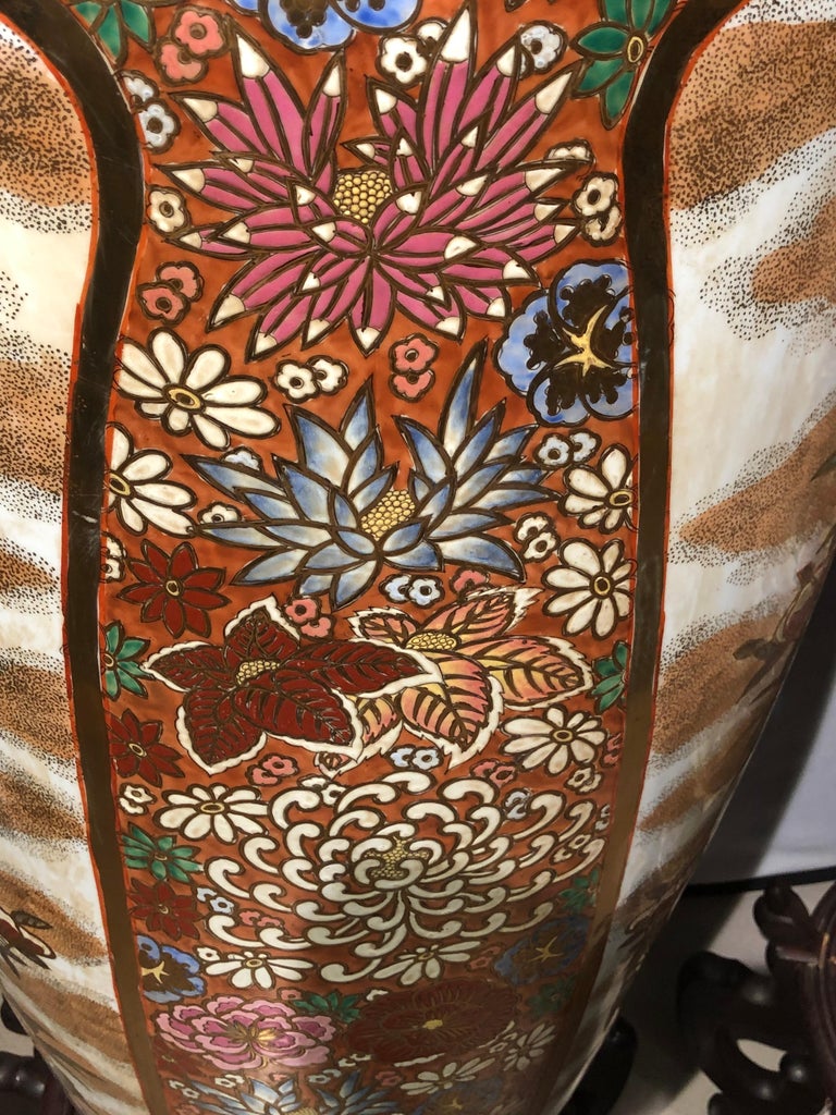 Pair of Chinese Palatial Vases Urns on Teak Pedestals Bird Decorated ...