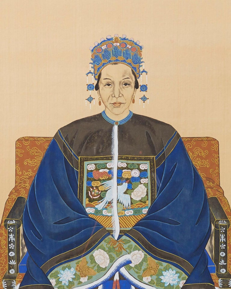 Pair of Chinese Patriarch Matriarch Silk Ancestral Portraits at 1stDibs