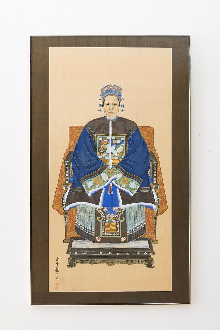 Pair of Chinese Patriarch Matriarch Silk Ancestral Portraits at 1stDibs