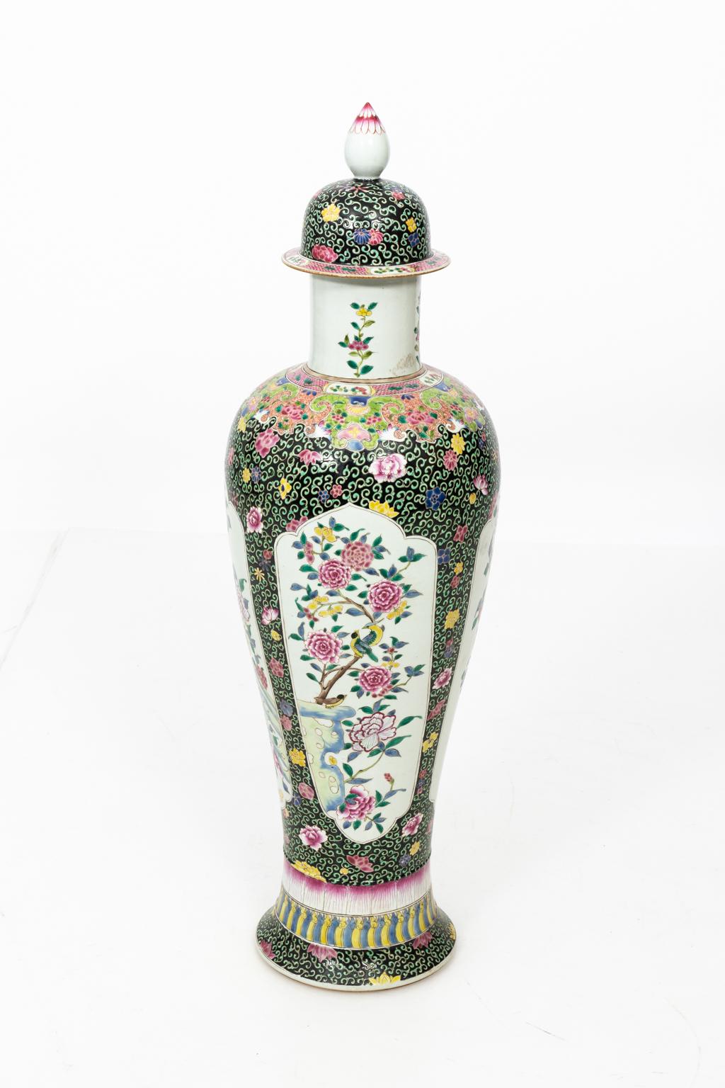 Pair of Chinese Pink and Yellow Painted Temple Jars with Flowers For ...
