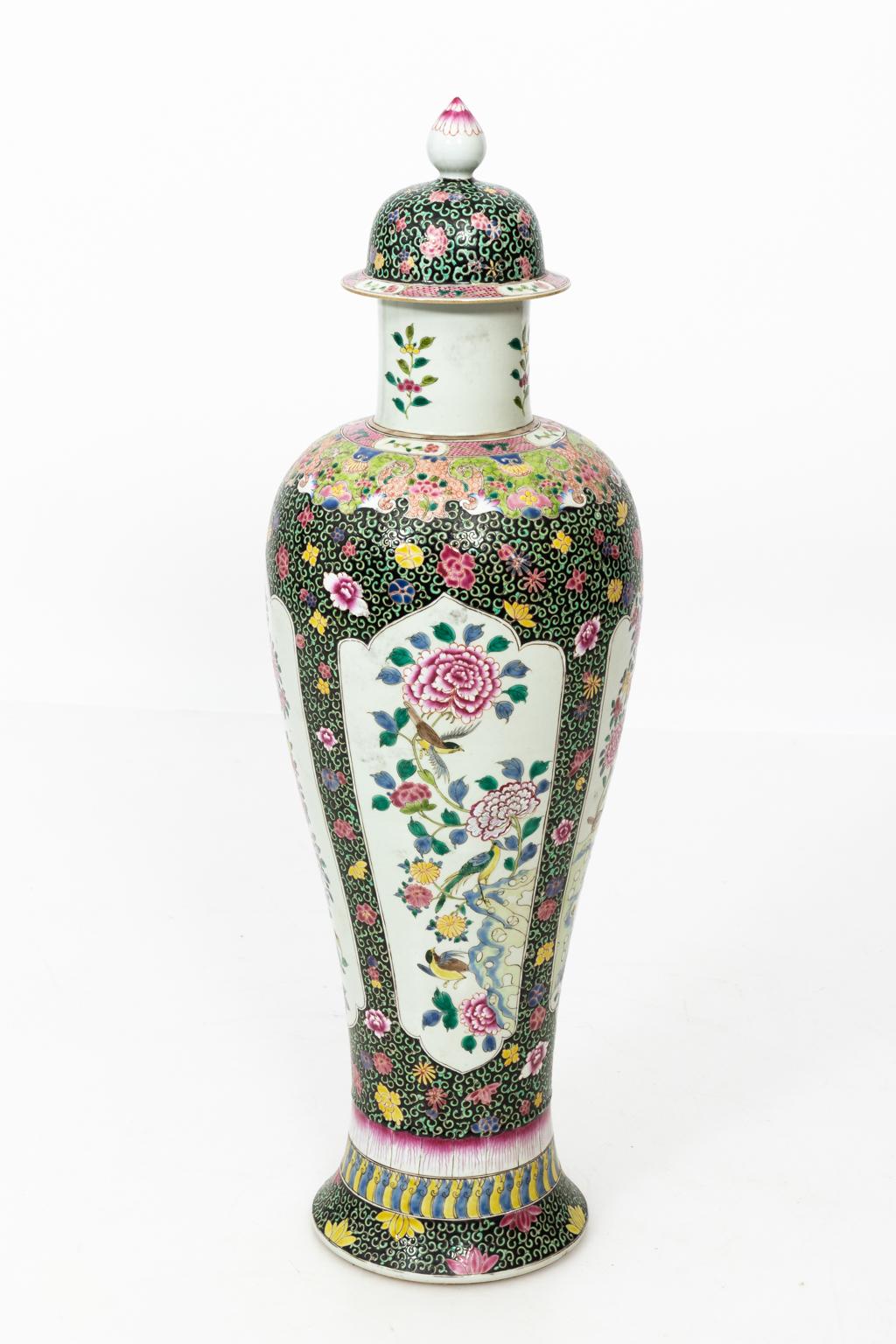 Pair of Chinese Pink and Yellow Painted Temple Jars with Flowers For ...