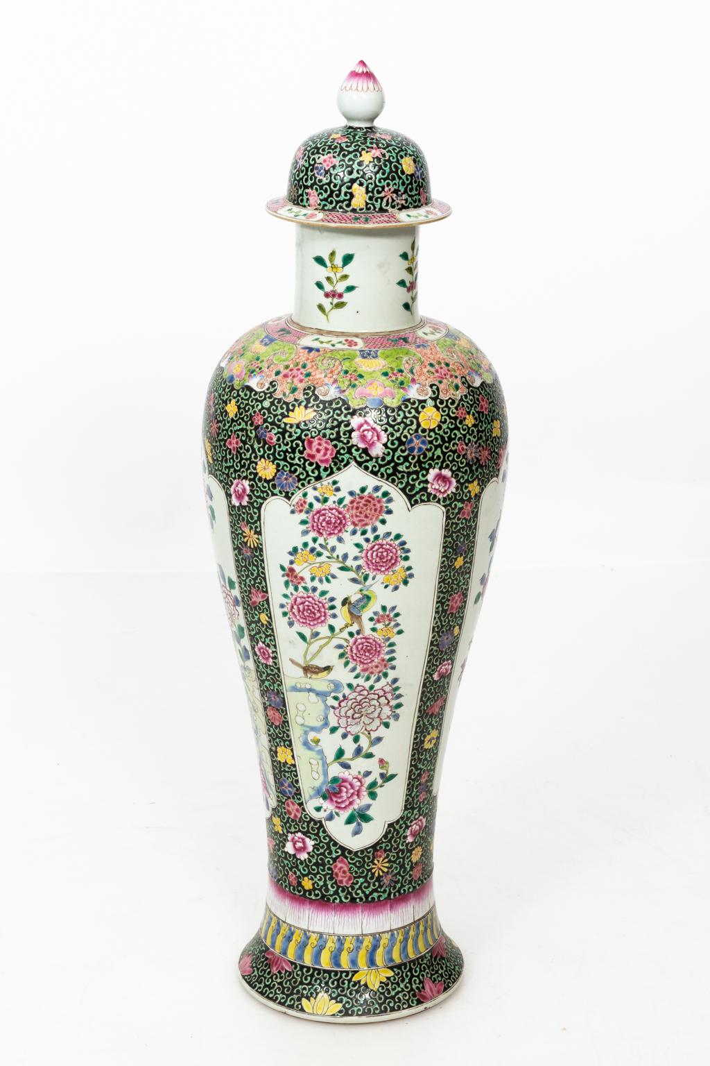 Pair of Chinese Pink and Yellow Painted Temple Jars with Flowers For ...