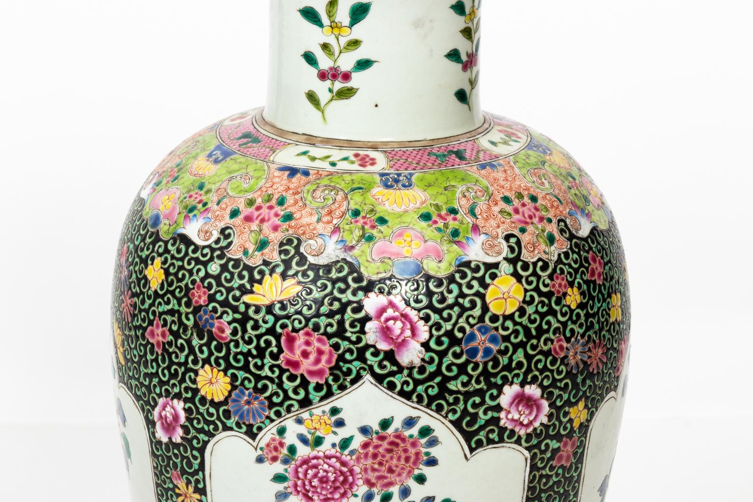 Pair of Chinese Pink and Yellow Painted Temple Jars with Flowers For ...