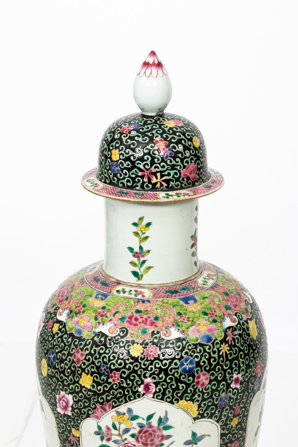 Pair of Chinese Pink and Yellow Painted Temple Jars with Flowers For ...