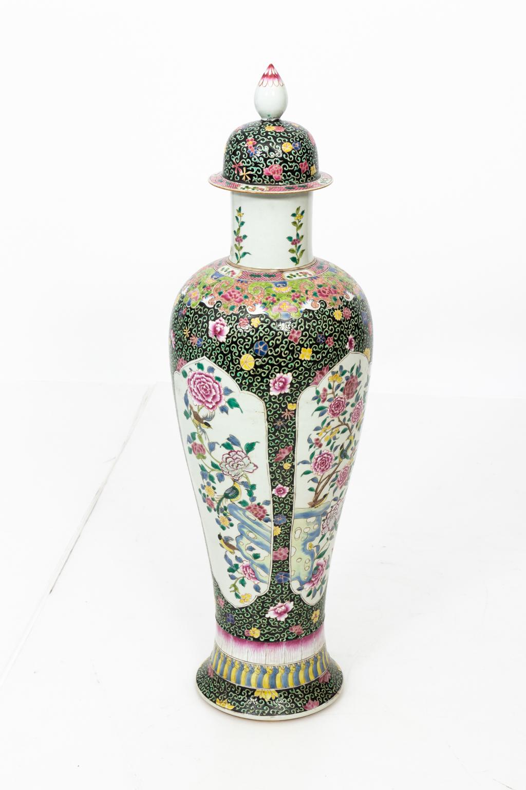 Pair of Chinese Pink and Yellow Painted Temple Jars with Flowers For ...