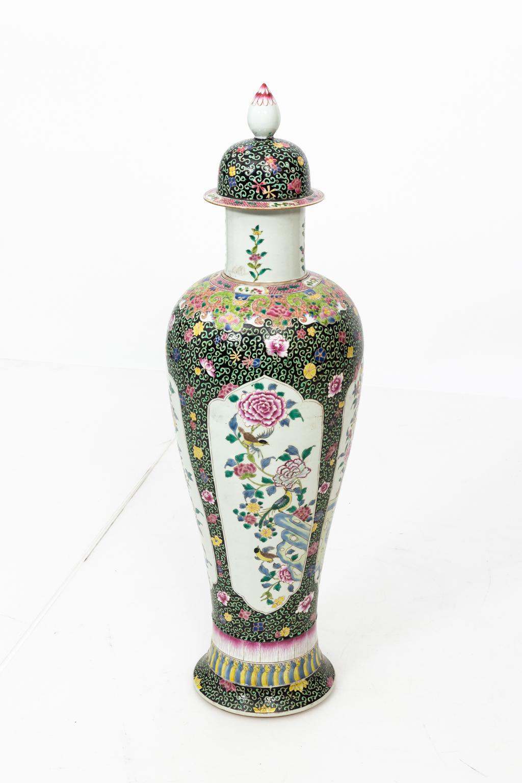 Pair of Chinese Pink and Yellow Painted Temple Jars with Flowers For ...