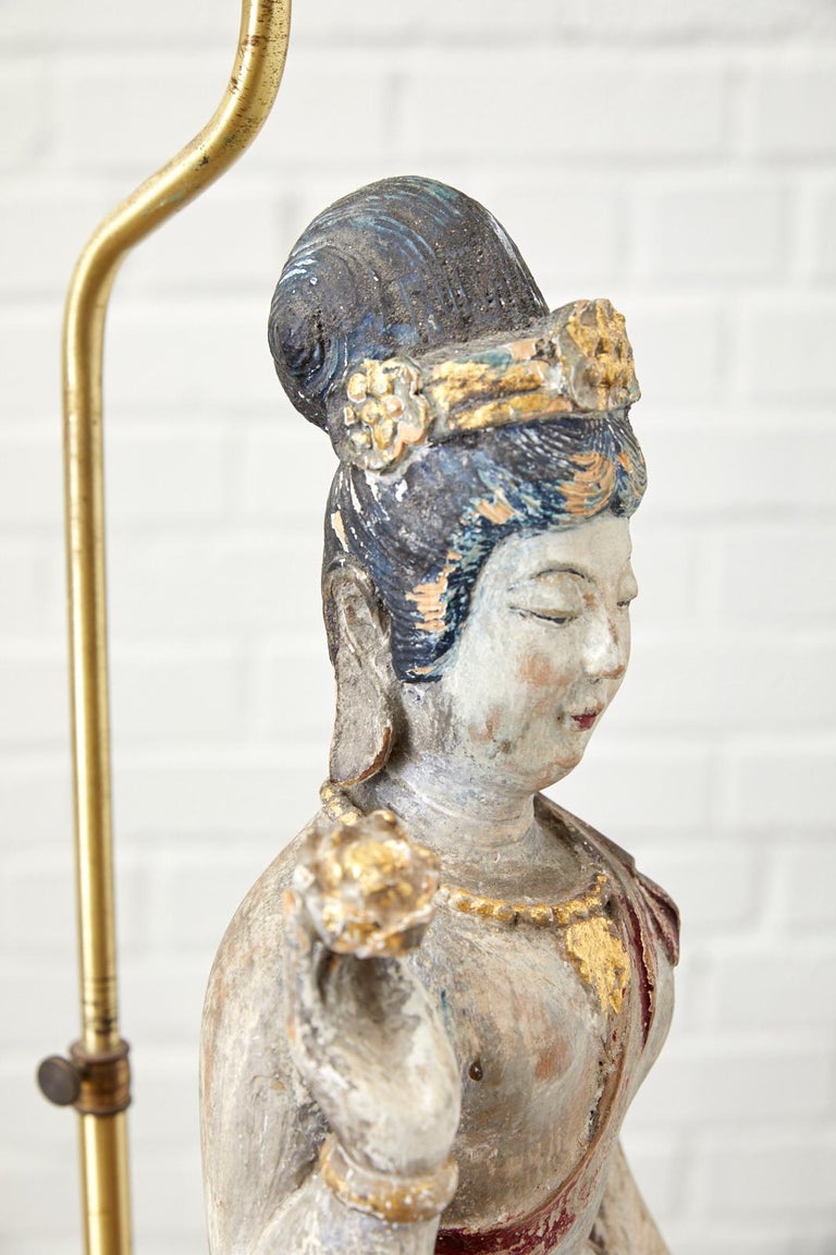 Pair of Chinese Polychrome Quan Yin Deity Table Lamps at 1stDibs