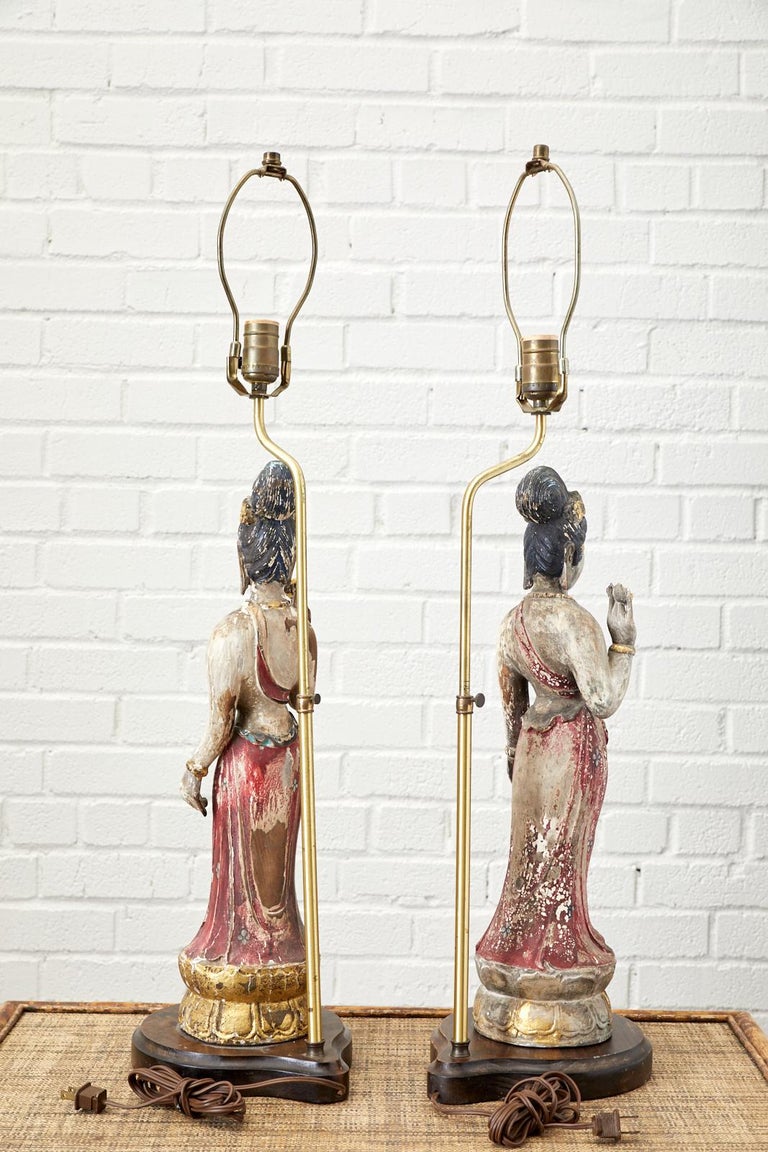 Pair of Chinese Polychrome Quan Yin Deity Table Lamps at 1stDibs