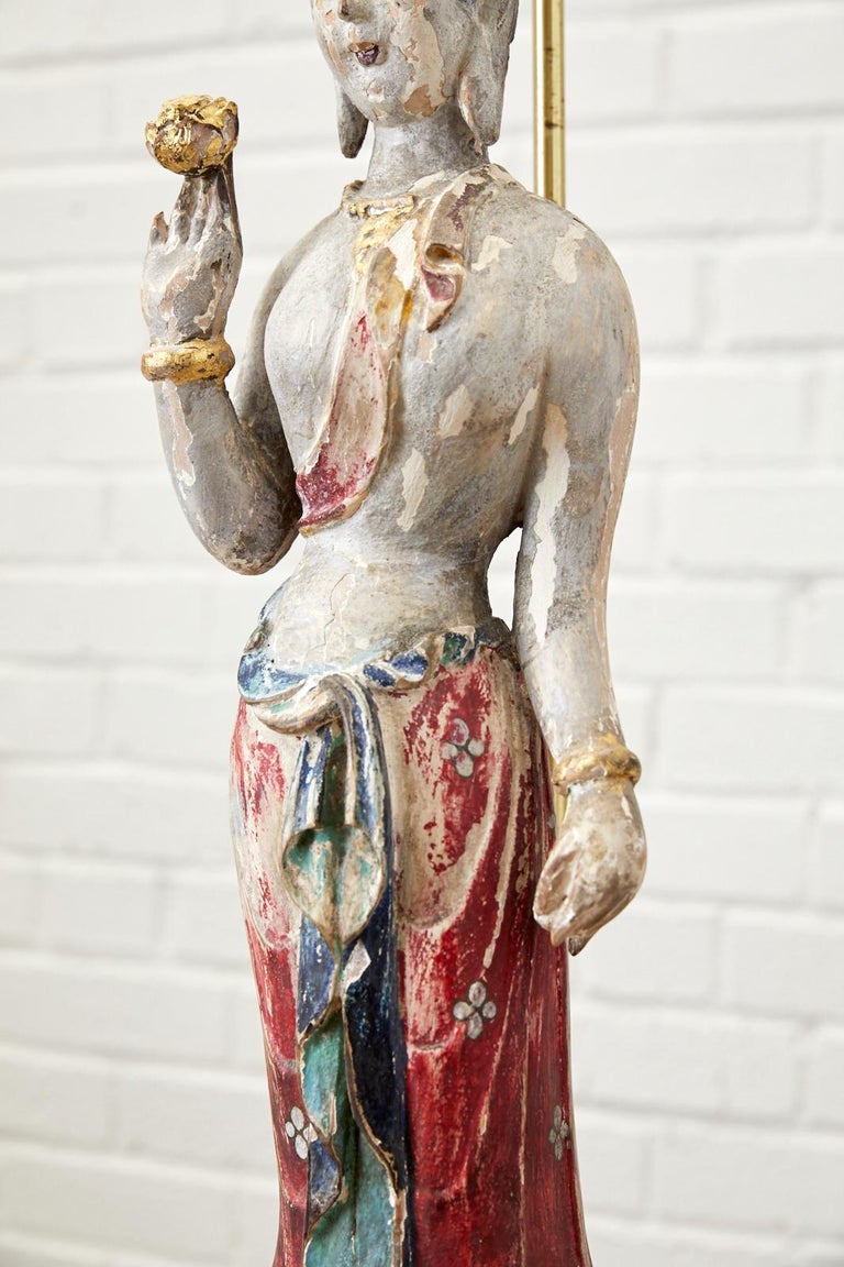 Pair of Chinese Polychrome Quan Yin Deity Table Lamps at 1stDibs