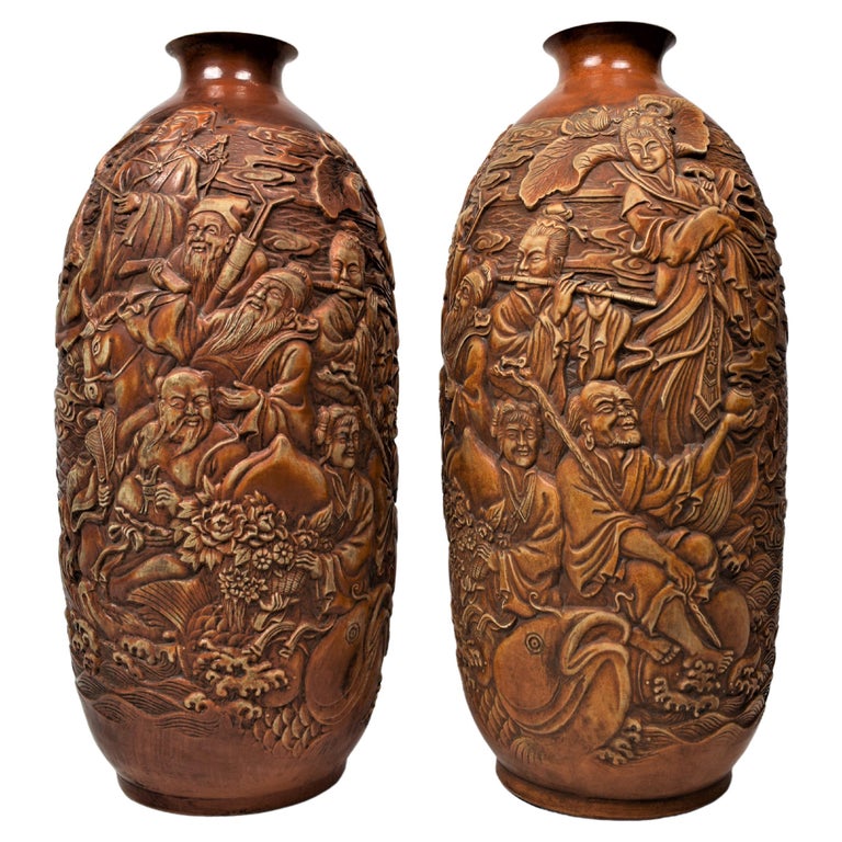 Pair of Chinese Porcelain Embossed Vases For Sale at 1stDibs