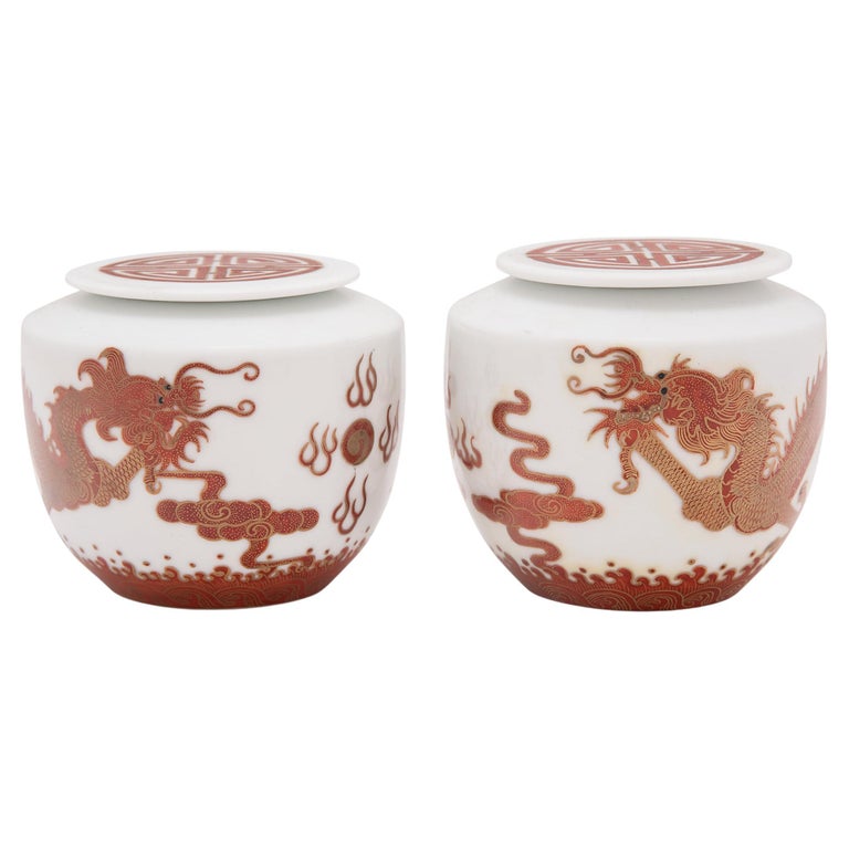 Pair of Chinese Red and Gold Dragon Jars at 1stDibs