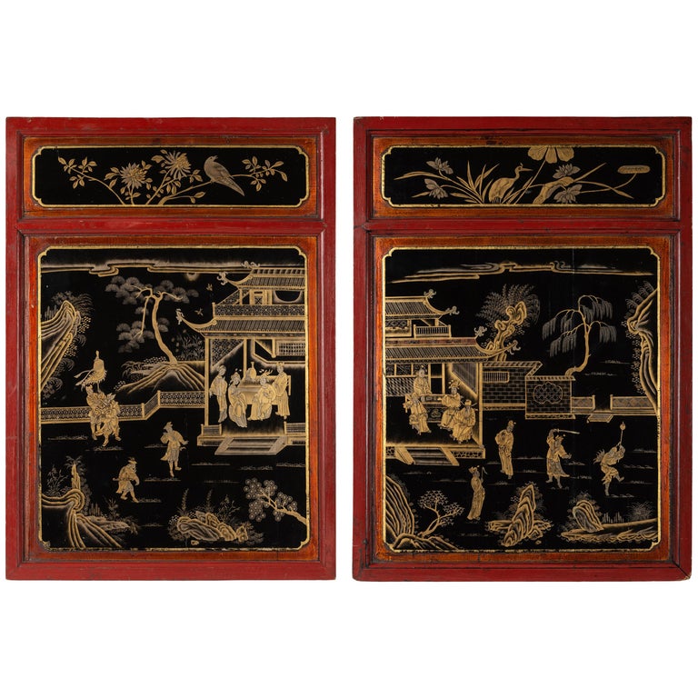 Pair of Chinese Red, Gold and Black Lacquered Panels at 1stDibs