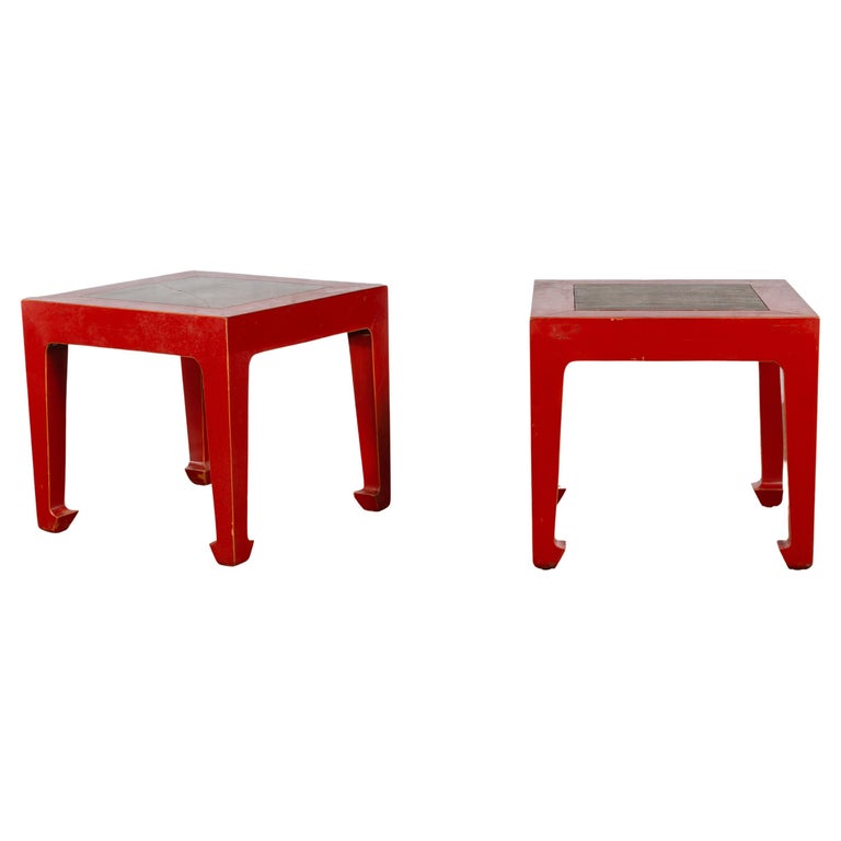 Pair of Chinese Red Lacquer Side Tables with Qing Dynasty Stone Garden ...