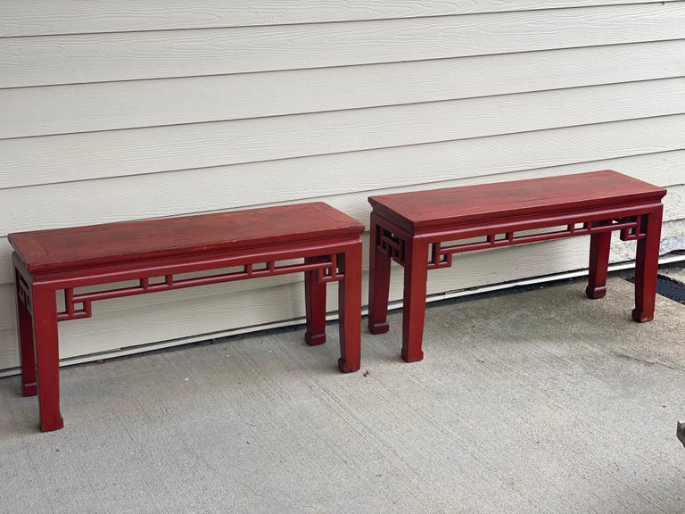 Pair of Chinese Red Lacquered Low Tables/Benches For Sale at 1stDibs