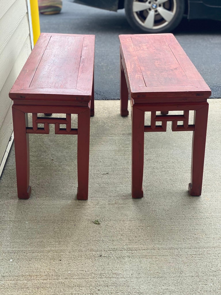 Pair of Chinese Red Lacquered Low Tables/Benches For Sale at 1stDibs