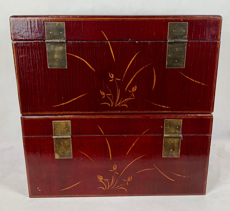 Pair of Chinese Red Lacquered Leather Trunks at 1stDibs