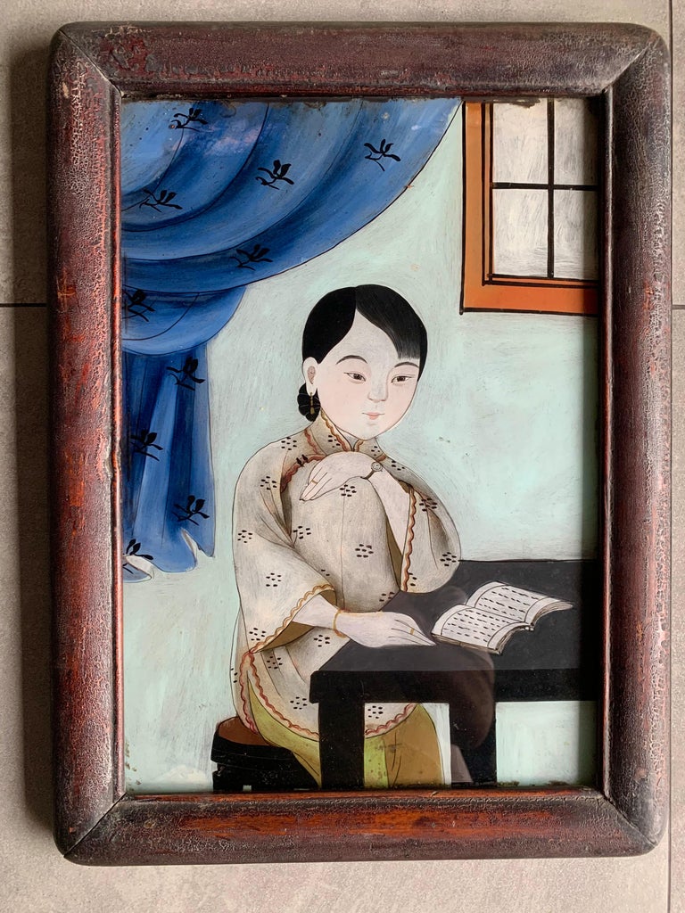 Pair of Chinese Reverse Glass Paintings, Early 20th Century For Sale at ...