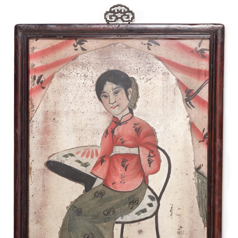 Pair of Chinese Reverse Glass Portrait Paintings, circa 1900 at 1stDibs