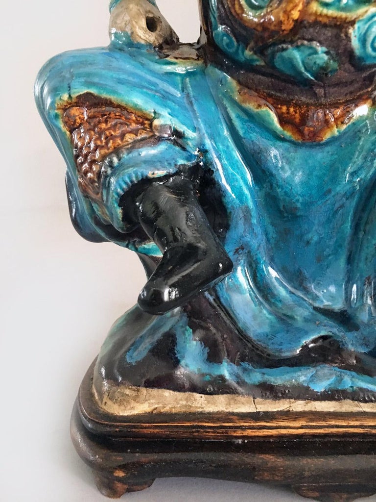 Pair of Chinese Shiwan Ware Pottery Warrior Lamps For Sale at 1stDibs