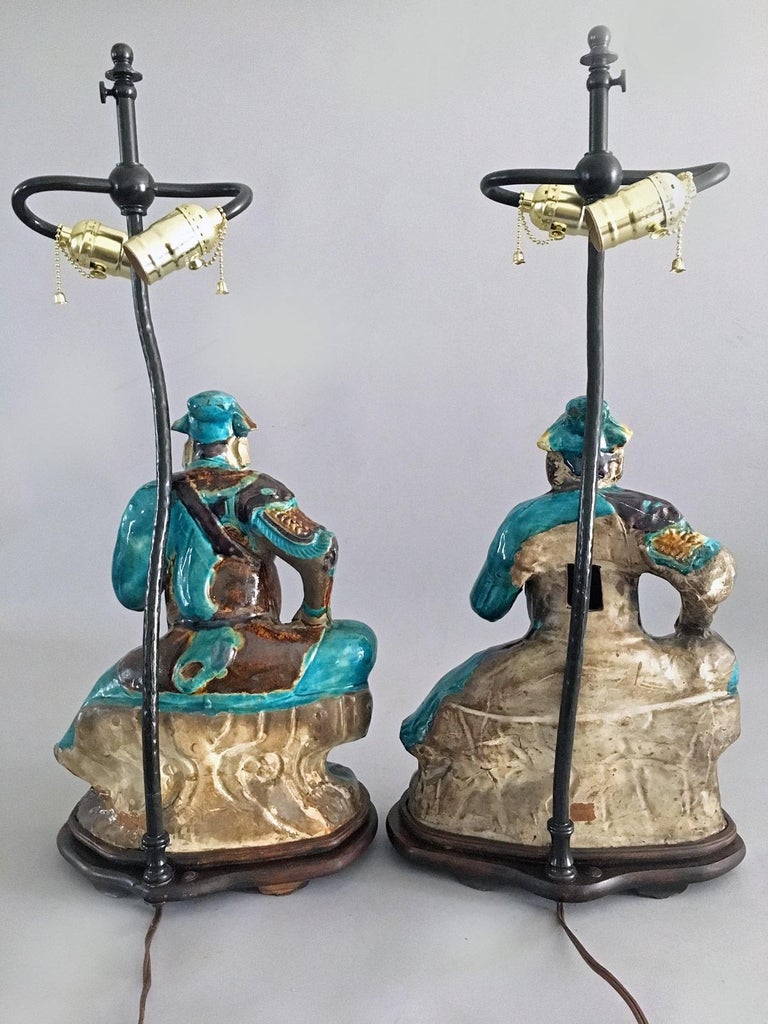 Pair of Chinese Shiwan Ware Pottery Warrior Lamps For Sale at 1stDibs