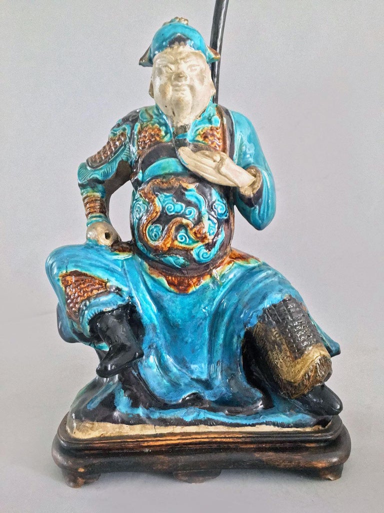 Pair of Chinese Shiwan Ware Pottery Warrior Lamps For Sale at 1stDibs