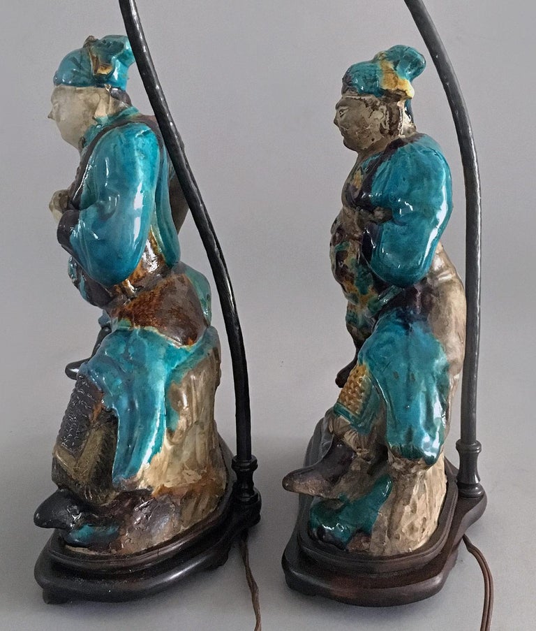 Pair of Chinese Shiwan Ware Pottery Warrior Lamps For Sale at 1stDibs
