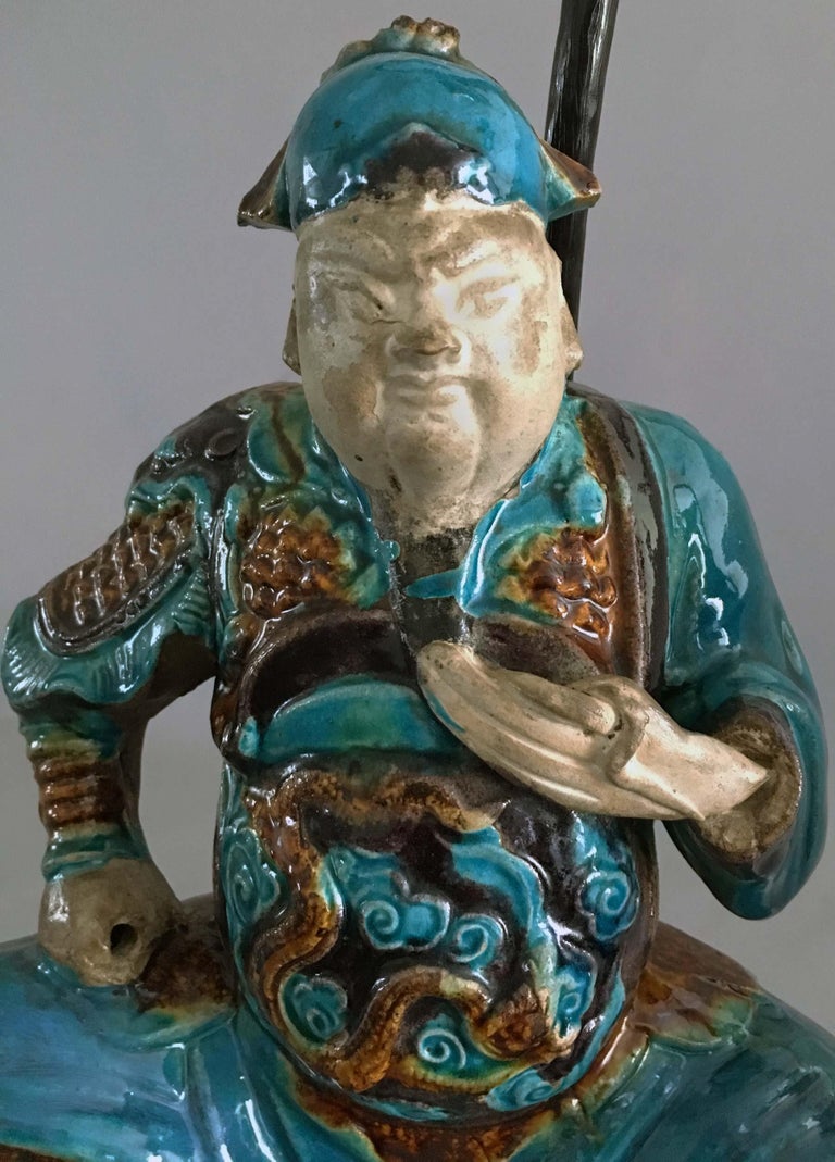 Pair of Chinese Shiwan Ware Pottery Warrior Lamps For Sale at 1stDibs