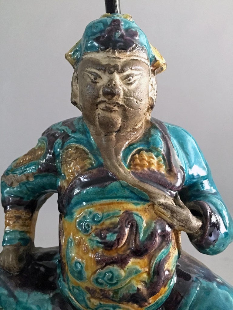 Pair of Chinese Shiwan Ware Pottery Warrior Lamps For Sale at 1stDibs