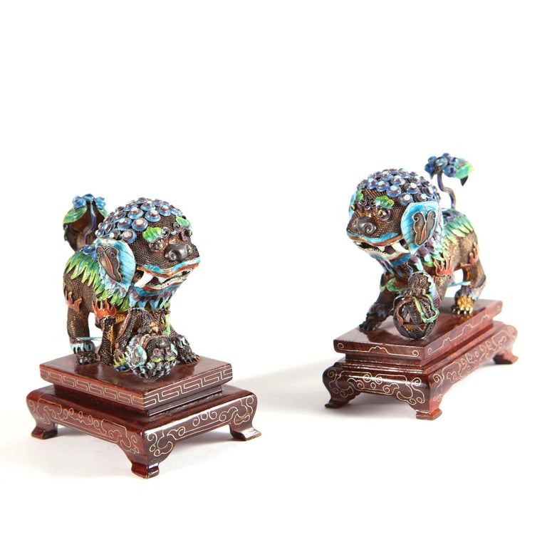 Pair of Chinese Silver Gilt Enamel Dogs of Fo For Sale at 1stDibs