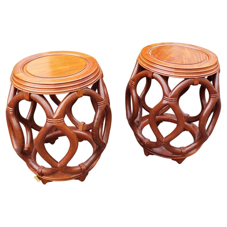 Pair of Chinese Solid Rosewood Faux Rattan Garden Style Stools or Side ...