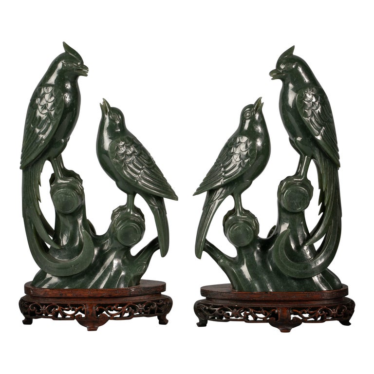 Pair of Chinese Spinach Green Jade Bird Groups, circa 1880 For Sale at ...