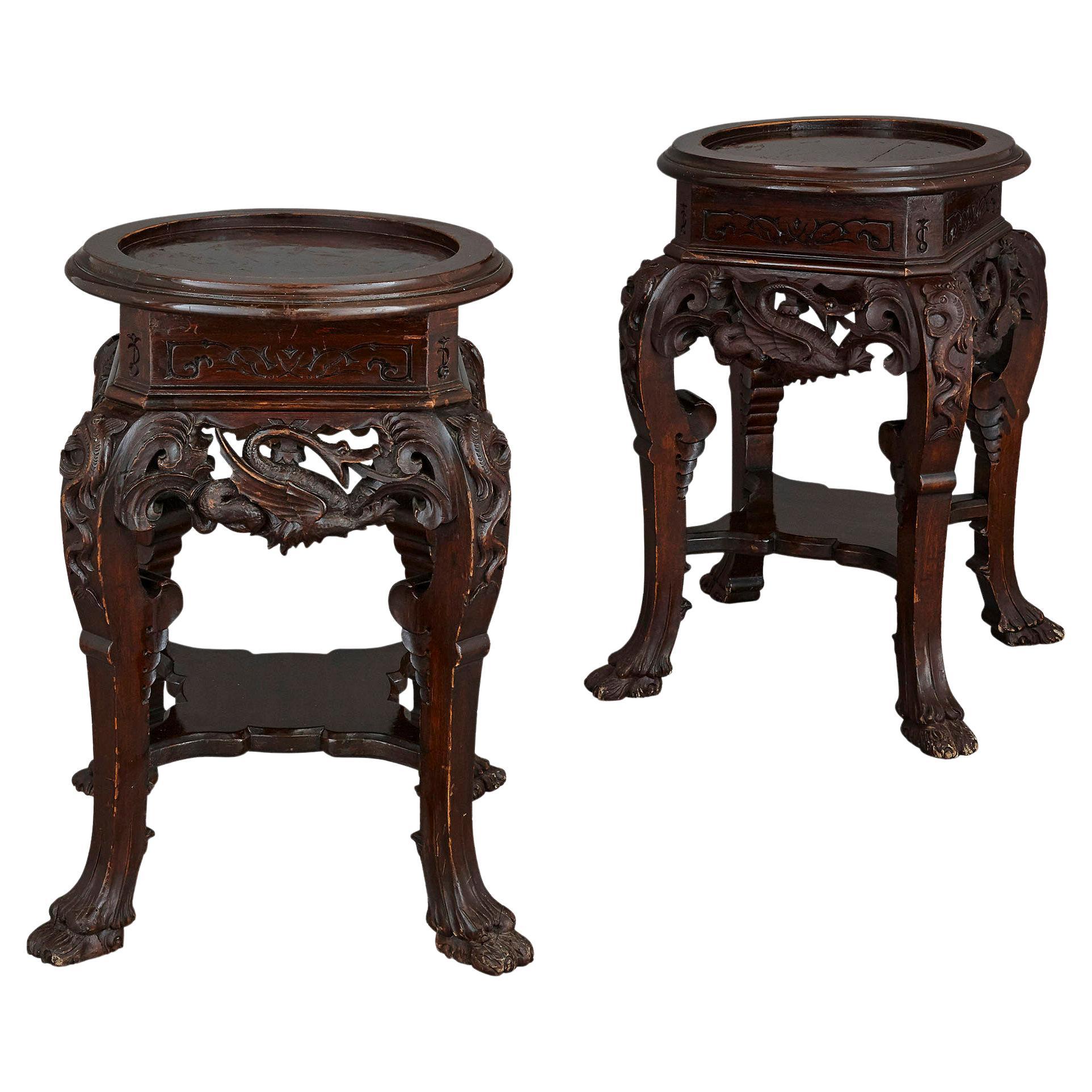 Pair of Antique Chinese Carved Wood Tea Tables For Sale at 1stDibs
