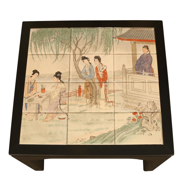 Pair of Chinese Style Inset Ceramic Tile Side Tables For Sale at 1stDibs