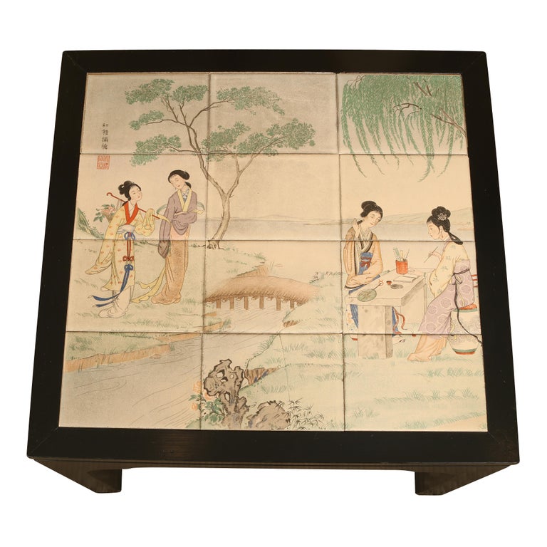 Pair of Chinese Style Inset Ceramic Tile Side Tables For Sale at 1stDibs