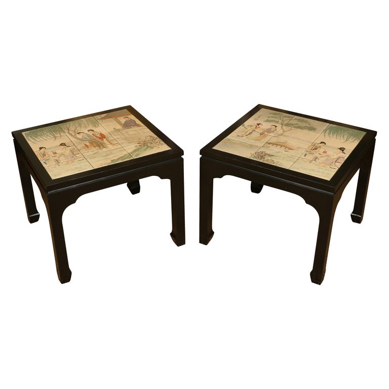 Pair of Chinese Style Inset Ceramic Tile Side Tables For Sale at 1stDibs