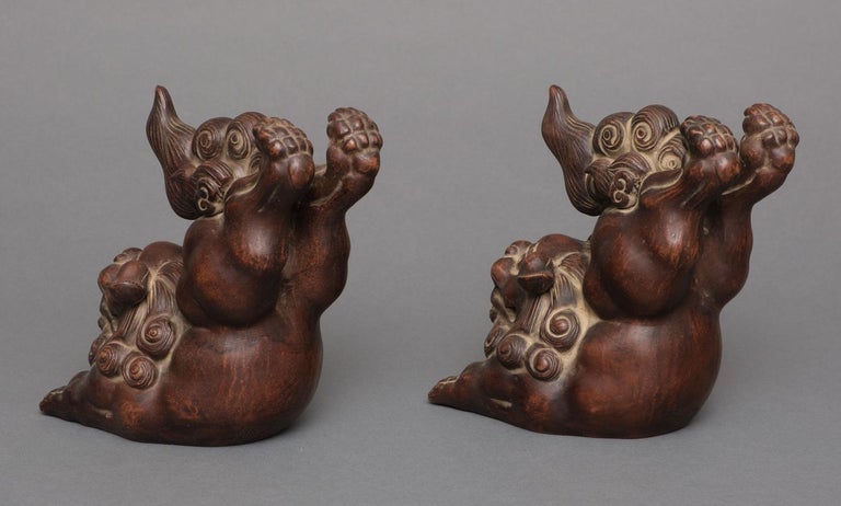 Pair of Chinese Yixing Ware Figures of Temple Lions, by the Artist Li ...