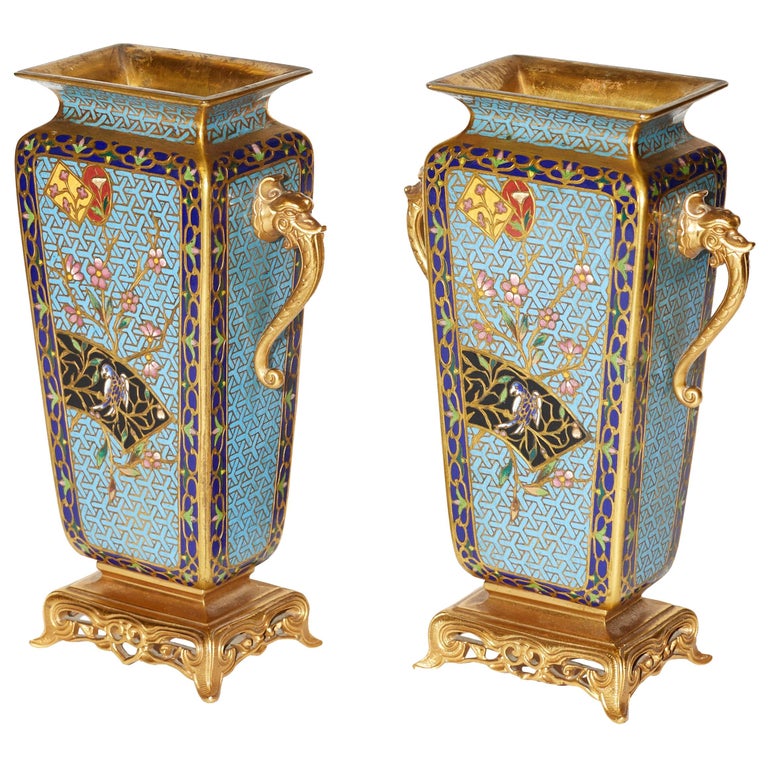 Pair of Chinoiserie Gilt and Champleve Enamel Bronze Vases at 1stDibs