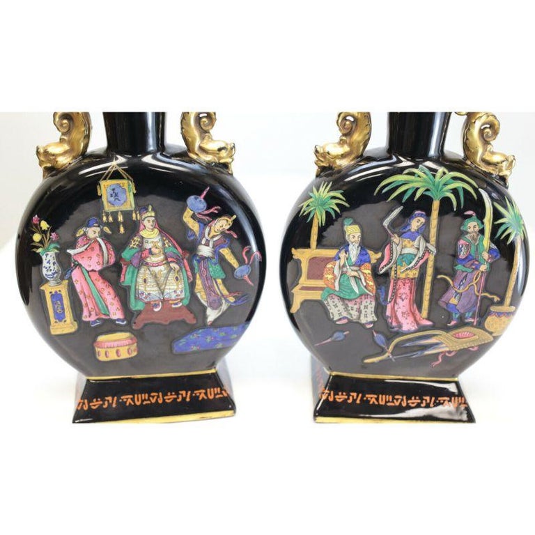 Pair of Chinoiserie Glass and Enamel Hand Painted Moon Flasks, c1890 ...