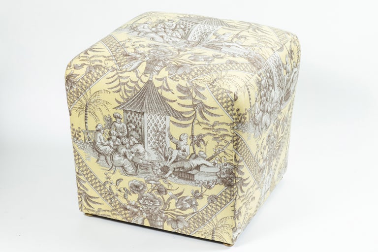 Pair of Chinoiserie Toile Ottomans For Sale at 1stDibs