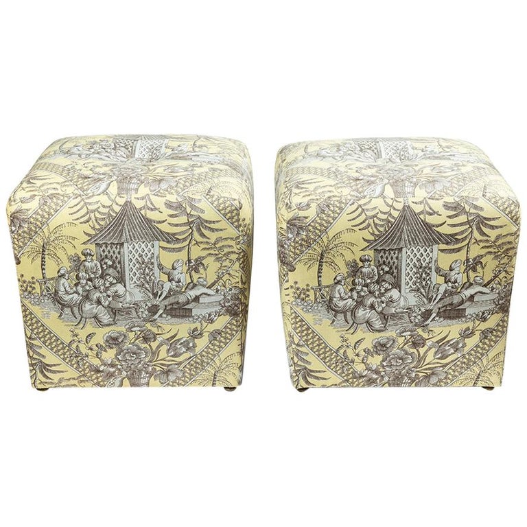 Pair of Chinoiserie Toile Ottomans For Sale at 1stDibs