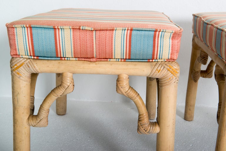 Pair of Chinoiserie Upholstered Rattan Ottomans For Sale at 1stDibs