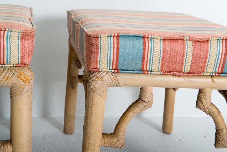 Pair of Chinoiserie Upholstered Rattan Ottomans For Sale at 1stDibs