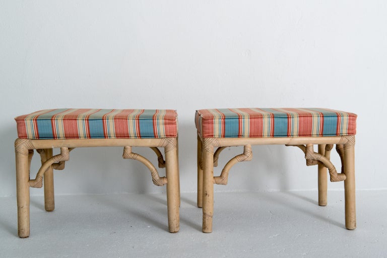 Pair of Chinoiserie Upholstered Rattan Ottomans For Sale at 1stDibs