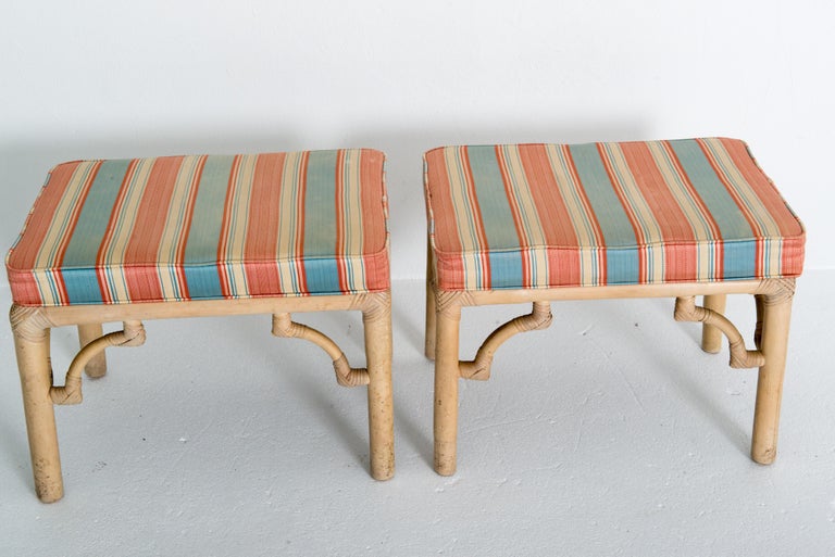 Pair of Chinoiserie Upholstered Rattan Ottomans For Sale at 1stDibs