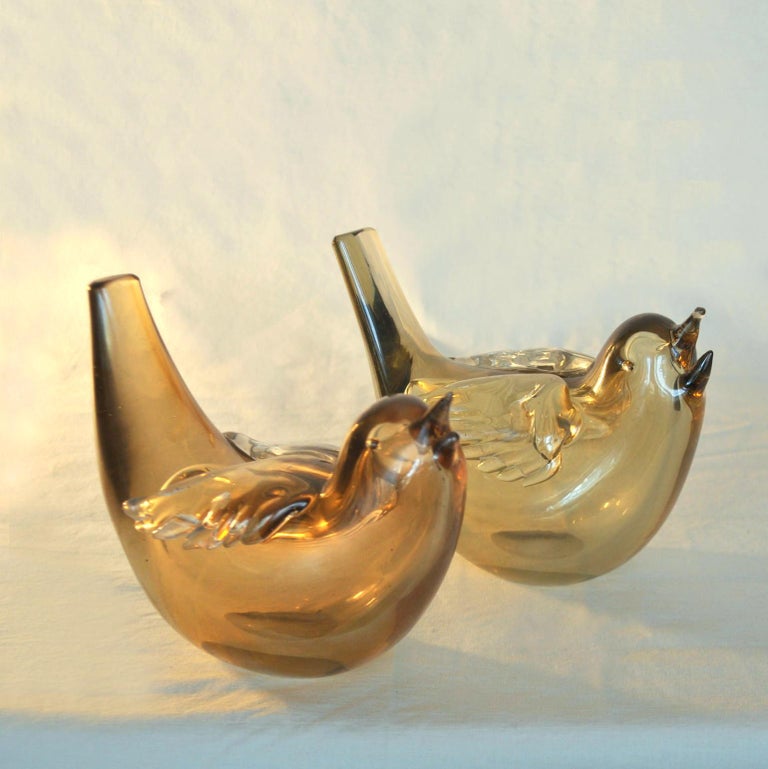 Pair of Chirping Birds, Hand Blown Iridescent Gold Crystal Glass by ...