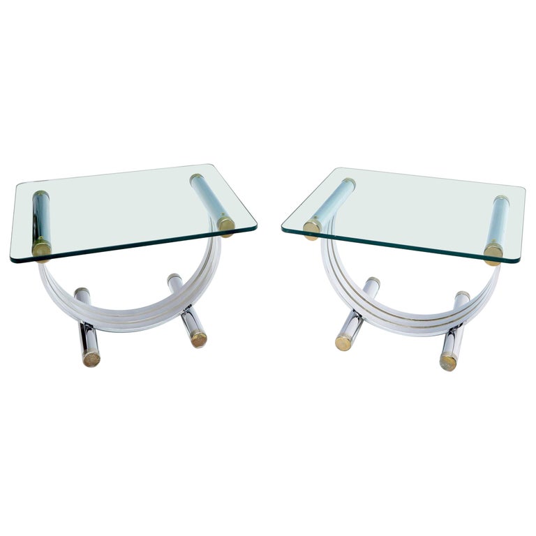 Pair of Chrome and Brass U Shape Bases Glass Top End Side Occasional ...