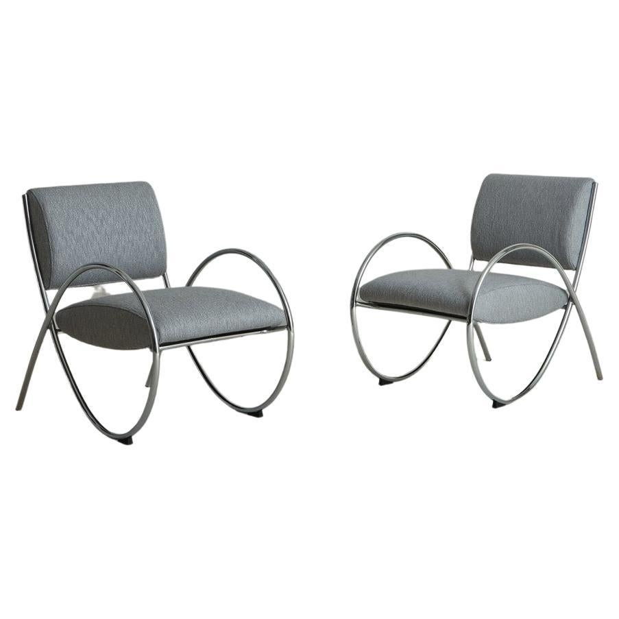 Pair of Chrome Loop Arm Lounge Chairs in Gray Wool, Italy 1970s For ...