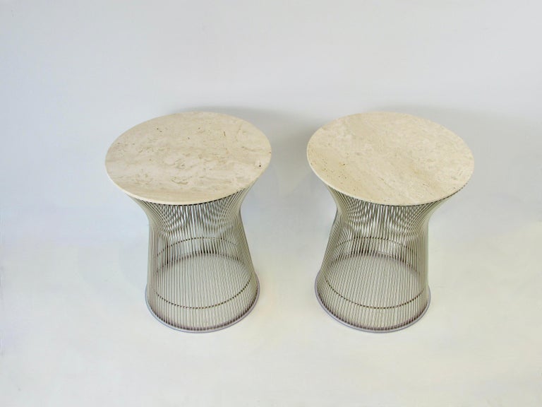 Pair of Chrome Warren Planter Knoll Tables with Custom Travertine ...