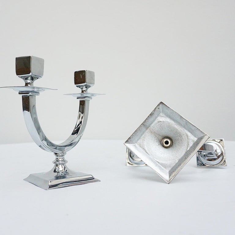 Pair of Chromed Metal Candlesticks For Sale at 1stDibs
