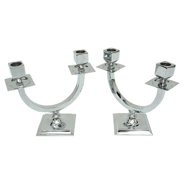 Pair of Chromed Metal Candlesticks For Sale at 1stDibs